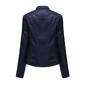 MODFUL Women's Faux Leather Moto Jacket Casual Short Solid Color PU Biker Coat with Pockets(Navy,Medium)