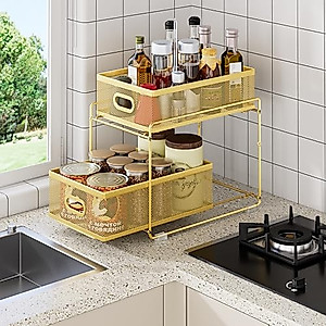 wkokos Under Sink Organizer Baskets with Mesh Pull Out Sliding Drawers for Cabinet, Kitchen, Bathroom, 2 Tier, Gold