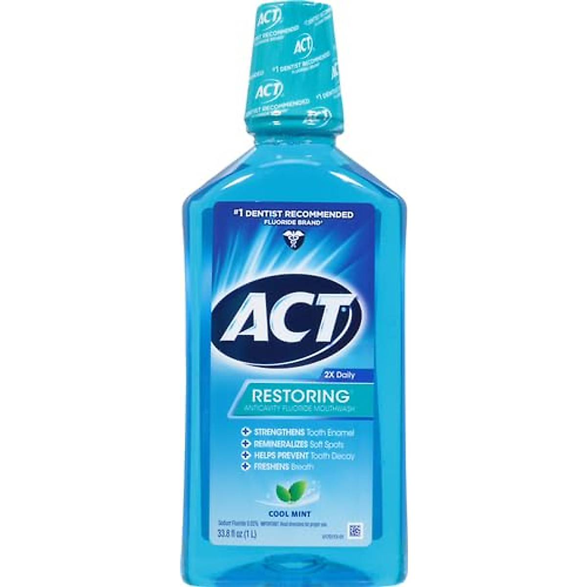 ACT Restoring Fluoride Mouthwash 33.8 fl. oz. Strengthens Tooth Enamel, Cool Mint