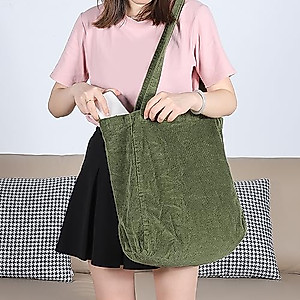WantGor Large Corduroy Tote Bag, Women Zipper Shoulder Handbags Casual Travel Hobo Bag Shopping Work Bags (Army Green)