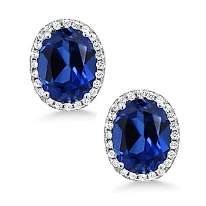 Gem Stone King 5.08 Cttw Blue Created Sapphire Halo Earrings For Women In 925 Sterling Silver | Oval 9X7MM