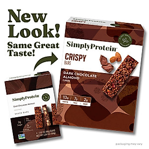 Simply Protein - Dark Chocolate Almond Crispy Bars - Plant Based Protein Bars - Low Carb, Low Sugar, High Fiber - 13g Protein, 2g Sugar, 7g Fiber - Vegan, Gluten Free, Non GMO, Kosher - 12 Bars