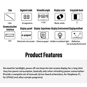 Dpofirs 1.9in Electronic Ink Display, Electronic Ink Screen with 180° Viewing Angle, SPI Interface, Support Partial Refreshness, for Temperature Humidity Meters