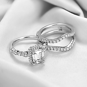 DovEggs Moissanite Engagement Rings for Women Center 3ct 7X9mm G-H-I Color Emerald Cut Moissanite Hidden Halo Engagement Ring Curved Enhancer Guard Wedding Band 14k Gold QUALITY Sterling Silver(7)