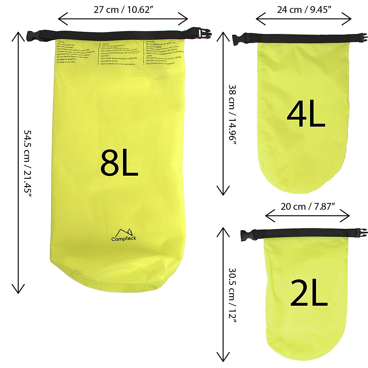 CampTeck 1.5L, 2.5L & 3.5L Dry Sack Water Resistant Storage Dry Bag for Camping, Rafting, Fishing, Canoeing, Boating, Kayaking, Snowboarding etc. – Neon Green