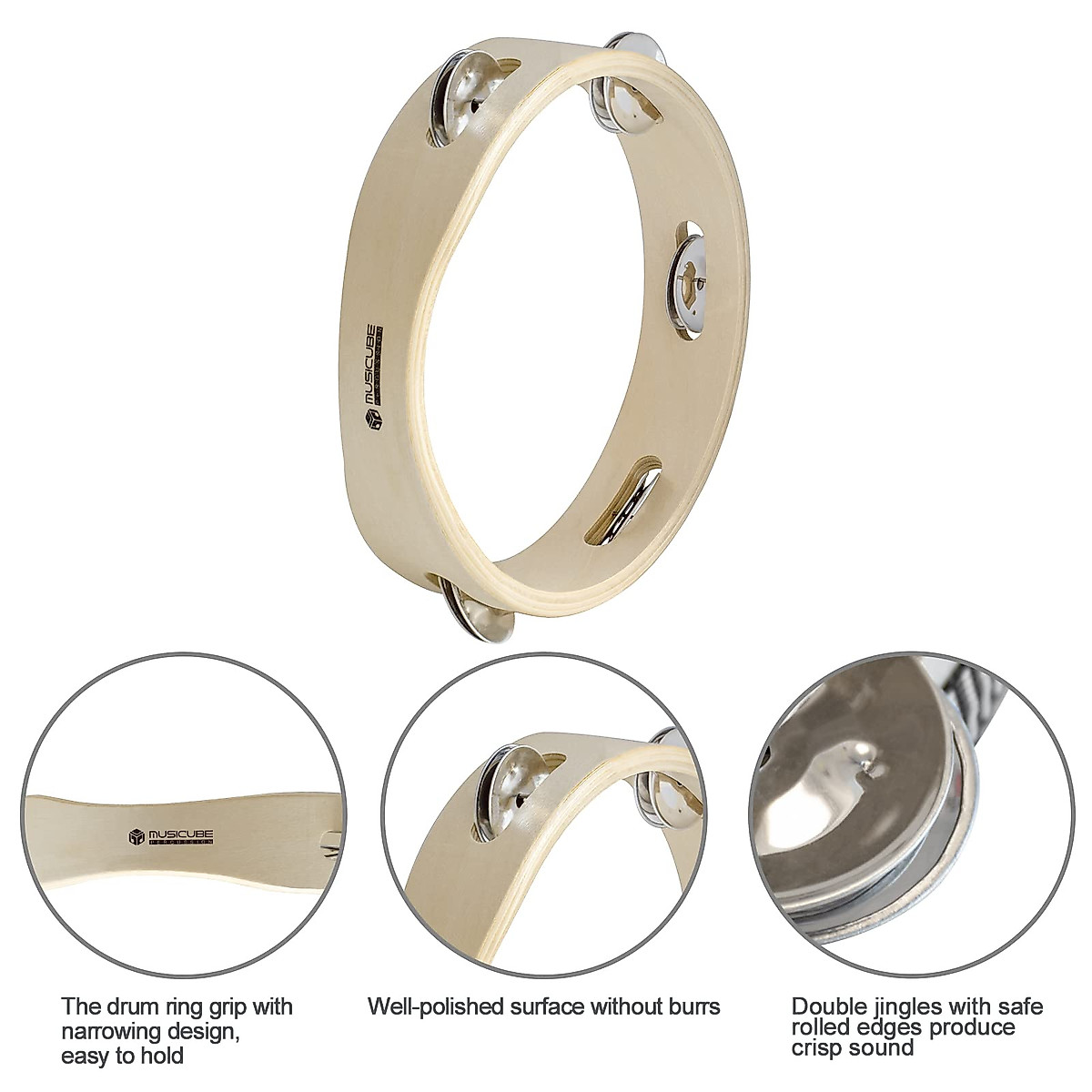 MUSICUBE Tambourine for Adults Kids 3 Packs Wood Tambourine Hand Held Metal Jingles Percussion musical instruments for Church Education Party Supply (6-Inch, 8-Inch, 10-Inch)