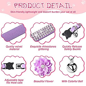 3 Pcs Rhinestone Cat Collars for Girl Cats Bling Kitten and Flower Adjustable Breakaway Collar with Bell Soft Velvet Shine Collar for Small Dogs Puppy (Pink, Blue, Purple, Flower Style)
