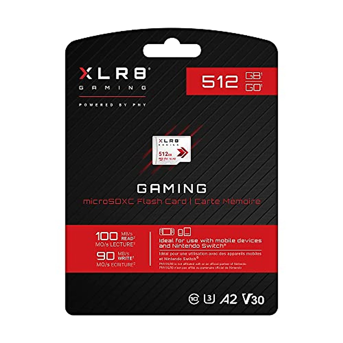PNY XLR8 512GB Gaming Class 10 U3 V30 microSDXC Flash Memory Card - 100MB/s, Class 10, U3, V30, A2, 4K UHD, Full HD, UHS-I, micro SD