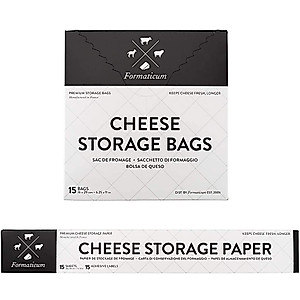Formaticum Cheese Storage Bags with Storage Paper & Adhesive Labels - Wax Paper Bags & Paper - Cheese Paper for Wrapping Cheese - Porous Brown Paper Bags 6 x 11 (15 x Bags, Sheets & Labels)