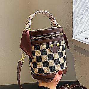 Fashion Cute Top Handle Flap Crossbody Bag for Women Classic Retro Plaid Bucket Cylinder Bag Shoulder Bag Purse (Brown)