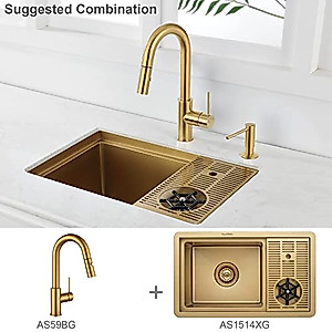 AguaStella AS1514XG Brushed Gold Bar Sink with Glass Rinser Stainless Steel Undermount Prep Kitchen Sink 23-1/4 x 14 Inches Single Bowl