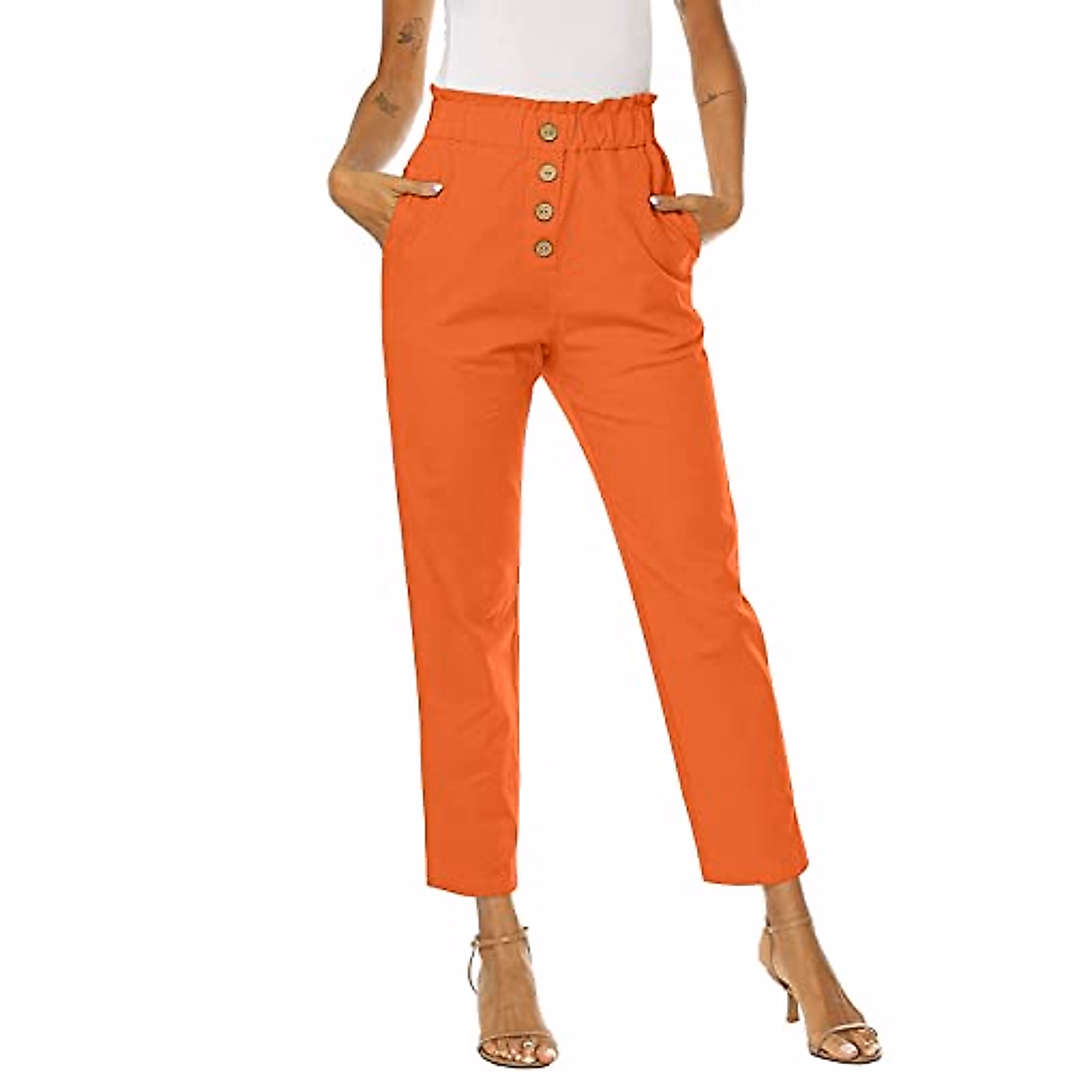 Crop Pants for Women Cotton Linen Pants Summer Casual High Waisted Button Capris Regular Fit Solid Lounge Cropped Pant
