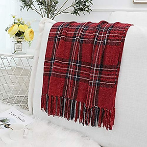 Muse Dream Chenille Fringe Plaid Throw Blanket Red Navy Holiday Classic Buffalo Lightweight Blankets for Sofa Couch All Season Indoor Outdoor Use,Multi-Colored 50" Wx60 L