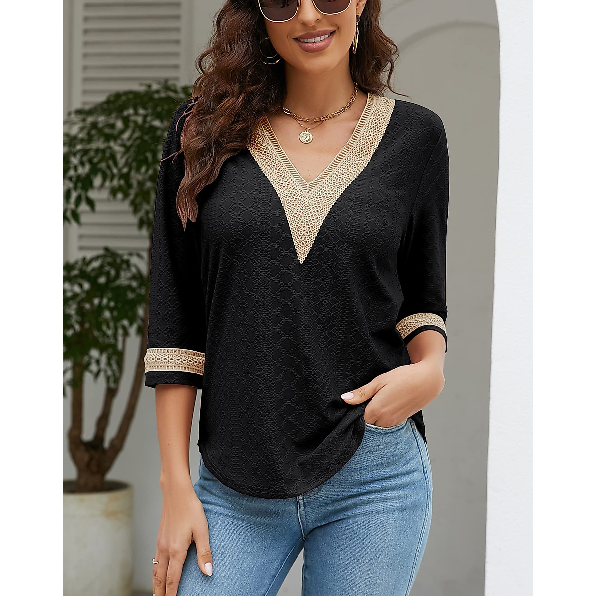 LIOFOER Women's Casual 3/4 Sleeve Shirts Lace V Neck Color Block Dressy Tops Trendy Hollow Floral Blouses T Shirts S-XXL Black