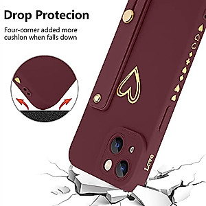 Fiyart Designed for iPhone 13 Case with Phone Stand Holder Cute Love Hearts Pattern Slim Protective Camera Protection Cover with Wrist Strap for Women Girls for iPhone 13 6.1"-Wine Red