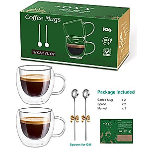 OYY 5oz Glass Coffee Mugs Set of 2, Double Wall clear Coffee Cup with Handle, Expresso Coffee glass mugs with Spoons, Insulated Coffee Glass Suit for Espresso Machine, Latte, Beverage, Tea, cappuccino