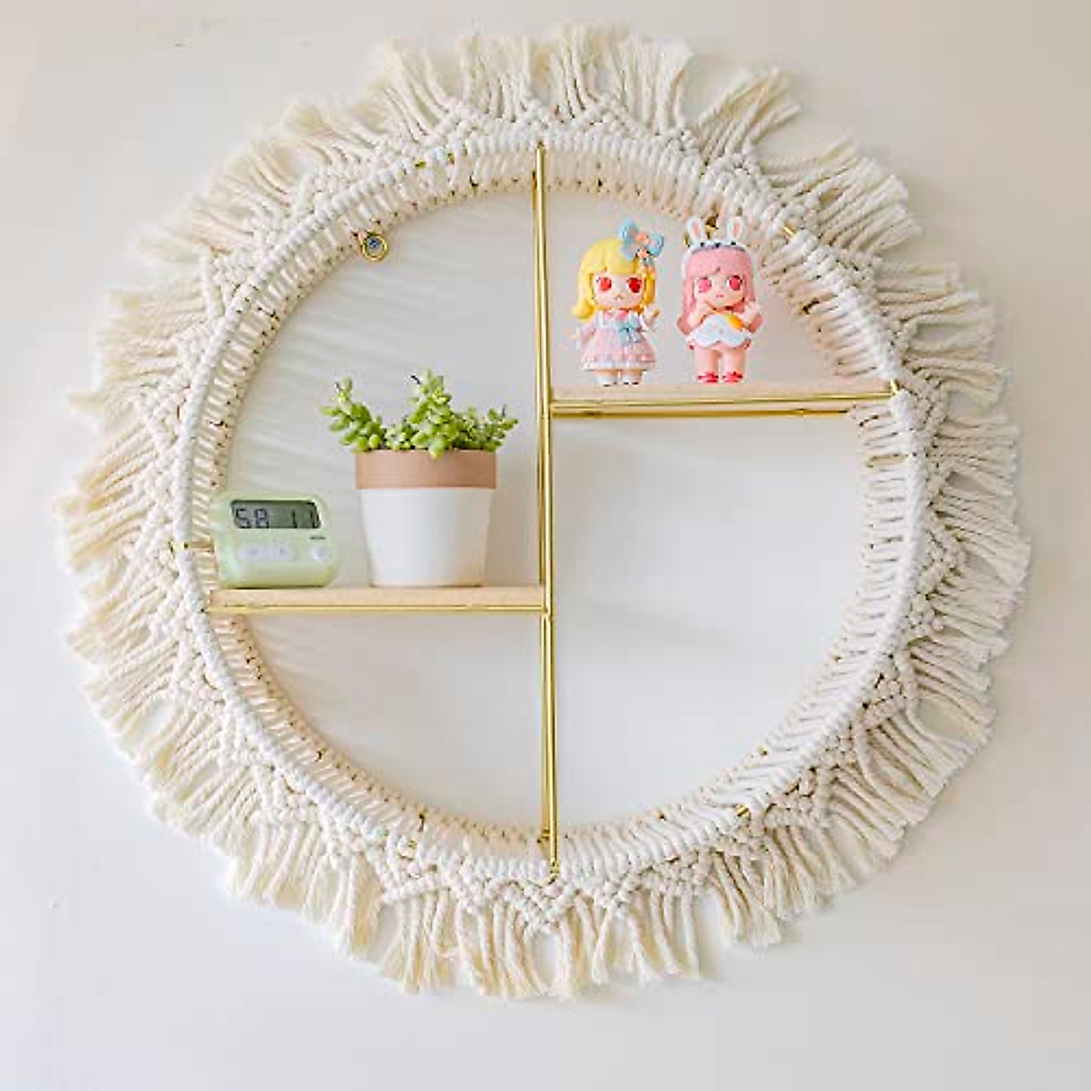 Diocos Boho Round Wall Shelf Macrame Floating Shelf Circle Decorative Storage Shelves Crystal Display Rack