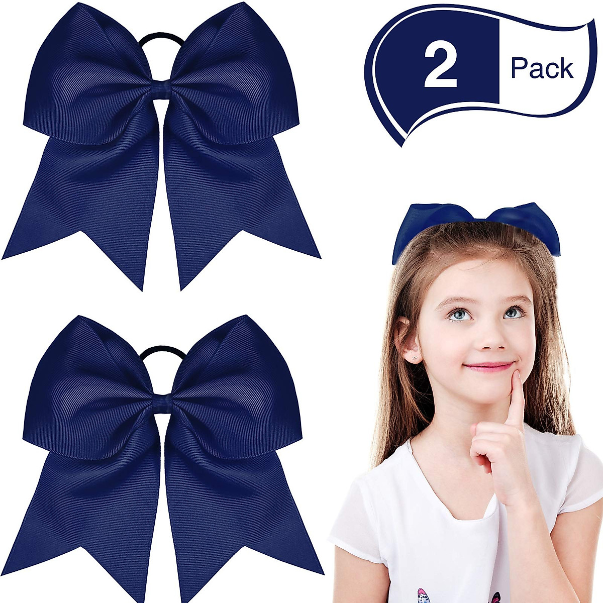 2 Packs Jumbo Cheerleading Bow 8 Inch Large Cheer Hair Bows with Ponytail Holder for Teen Girls Softball Outfit Uniform(Navy Blue)