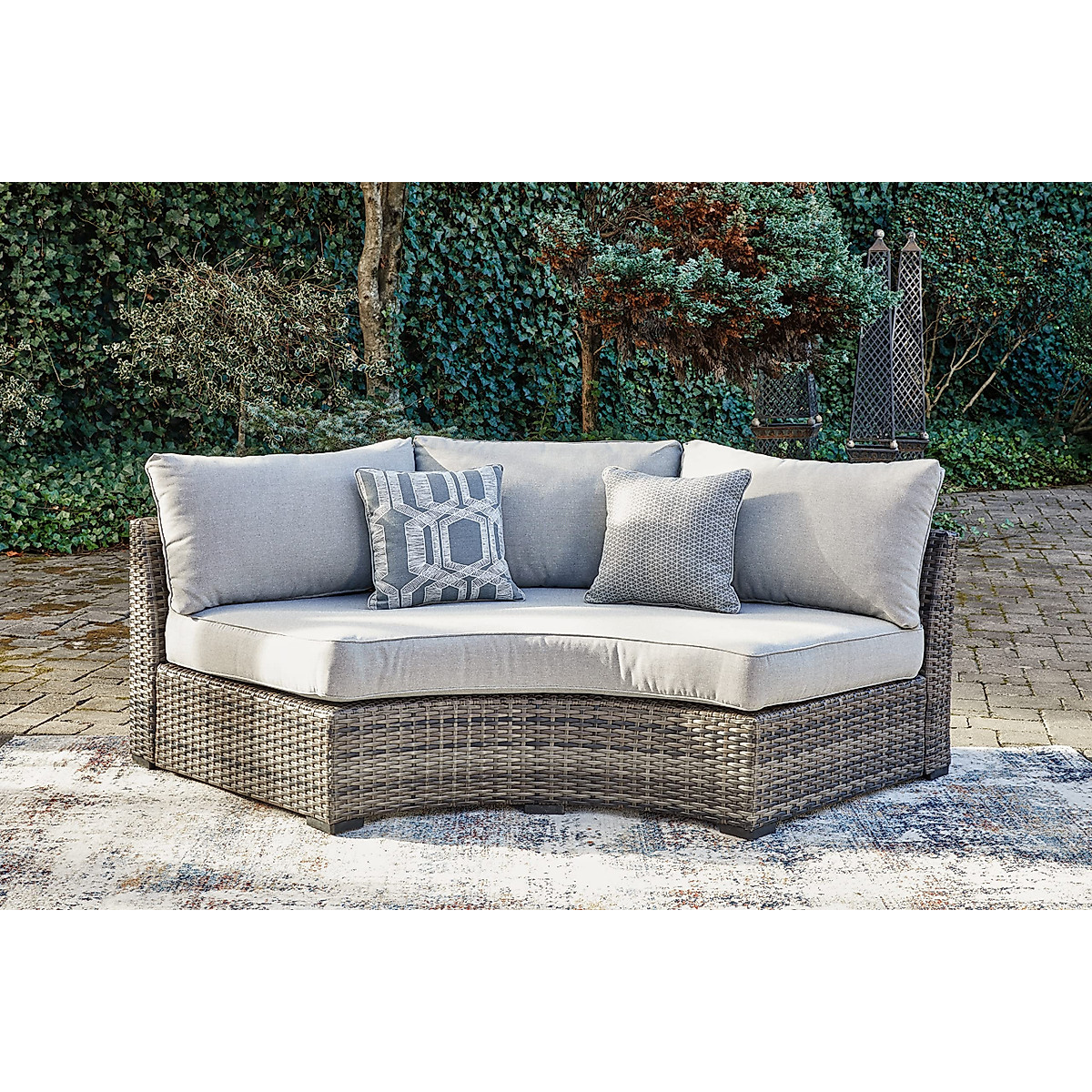 Signature Design by Ashley Harbor Court Casual Outdoor Armless Curved Loveseat with Cushion, Dark Brown & Light Gray