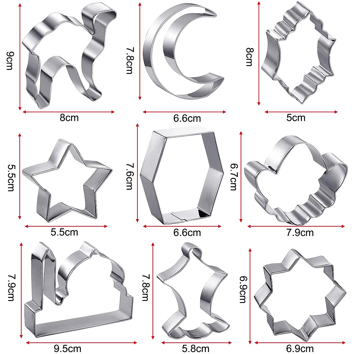 9 Pieces Eid Mubarak Cookie Cutters Eid Ramadan Biscuit Molds DIY Biscuit Cutters Stainless Steel Fondant Cutters with Lantern Camel Moon Design for Eid Mubarak Holiday Party Supplies