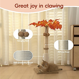 MECOOL Cat Scartching Post，30-inch Cute Scartching Posts for Indoor Cats and Kittens,Natural Sisal Rope and Hanging Ball Toy, Self-Grooming Brush,Beige