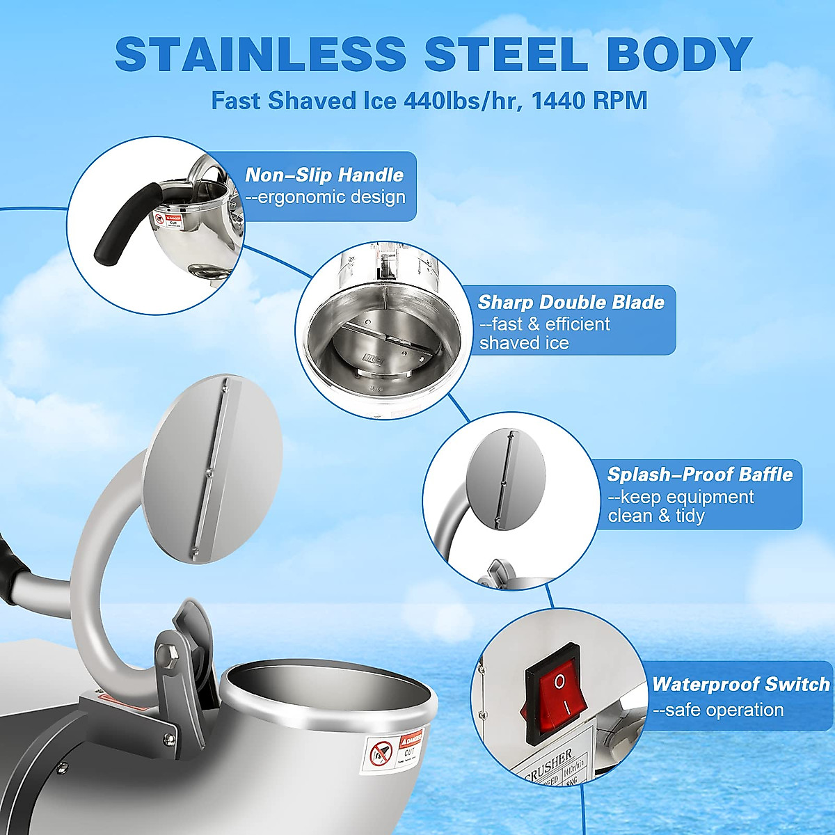 Commercial Snow Cone Machine Ice Shaver Macker 440lbs/hr, ETL Approved 300W Electric Ice Crusher Machine with Dual Blades, Shaved Ice Machine for Home, Restaurants, Bars