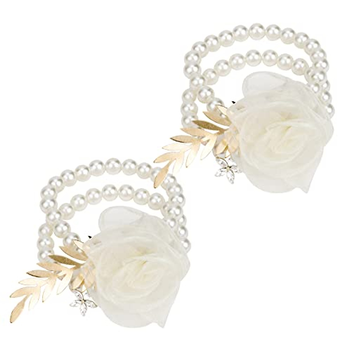 CIEHER 2 Pieces Pearl Wrist Corsage Elastic Bands Wristlets Flower Corsage Wristlet Stretch Pearl Wedding Wristband Faux Pearl Bead Corsage Accessories Bracelets for Wedding Party Prom Bride Bridesmaid Handmade Flower Rhinestones Wrist Corsage