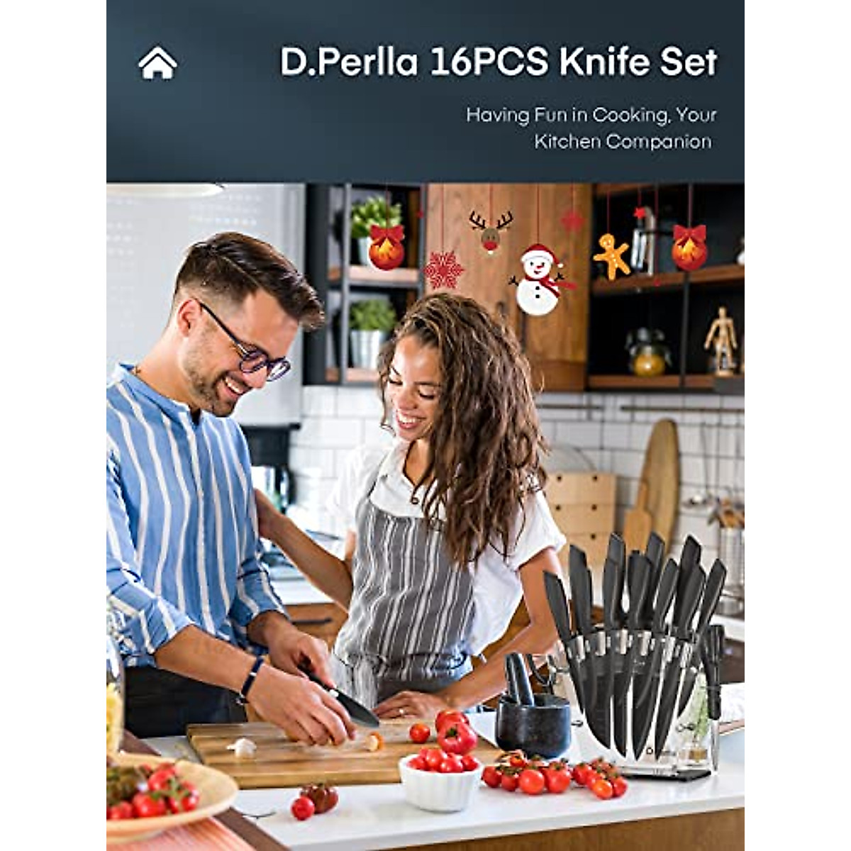 Knife Set, D.Perlla 16 Pieces Black Kitchen Knife Set with Acrylic Stand, High Carbon Stainless Steel, BO Oxidation Knife Block Set, No Rust, Non Slip Handle, Sharp Knife