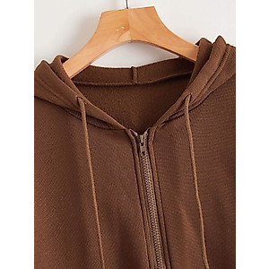 WDIRARA Women's Zip Front Drawstring Hoodie Pullover Long Sleeve Casual Sweatshirt Top Brown L