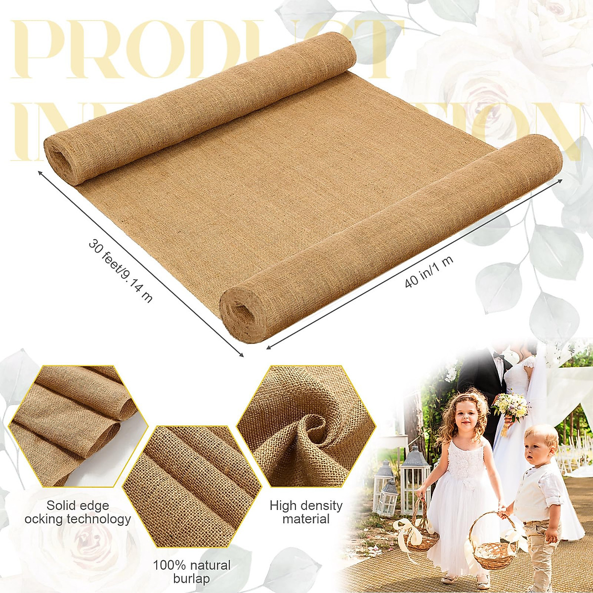 Tudomro Extra Long Natural Burlap Wedding Aisle Runner Outdoor Jute Burlap Aisle Runner for Wedding Ceremony Rustic Indoor Wedding Runner Carpet for Walkway(Elegant Style, 40 Inch x 30 Ft)