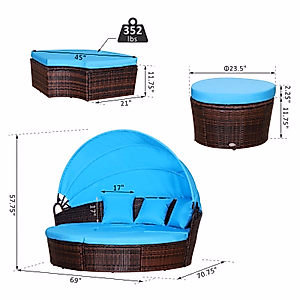 Outsunny 4-Piece Round Convertible Daybed with Cushions, Outdoor PE Rattan Patio Wicker Sofa Set, Sunbed with Adjustable Sun Canopy, Sectional Sofa, 2 Chairs, Table, 3 Pillows, Light Blue