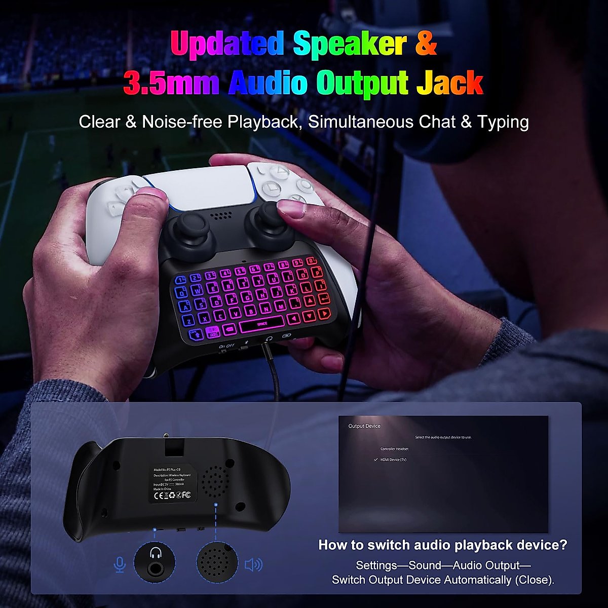 MoKo RGB Backlight Keyboard for PS5 Controller, Bluetooth Wireless Mini Gamepad Chatpad for Playstation 5 with Upgraded Built-in Speaker & 3.5mm Audio Jack for PS5 Controller Accessories