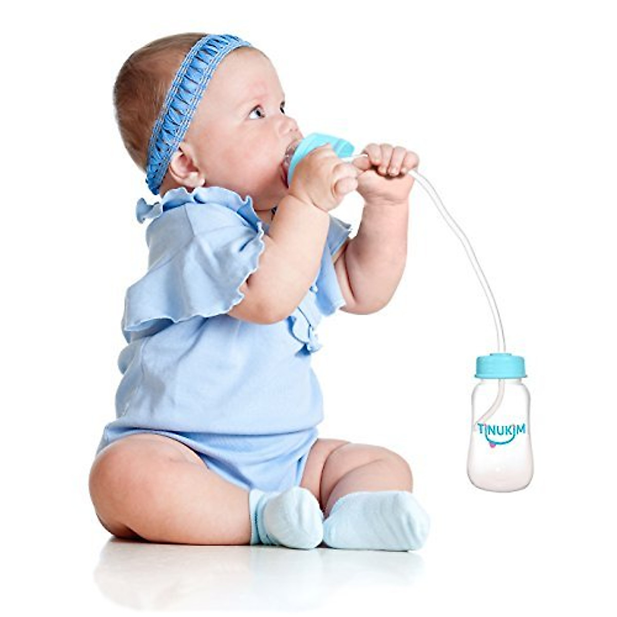 Tinukim iFeed 4 Ounce Self Feeding Baby Bottle with Tube - Handless Anti-Colic Nursing System, Blue - 2-Pack