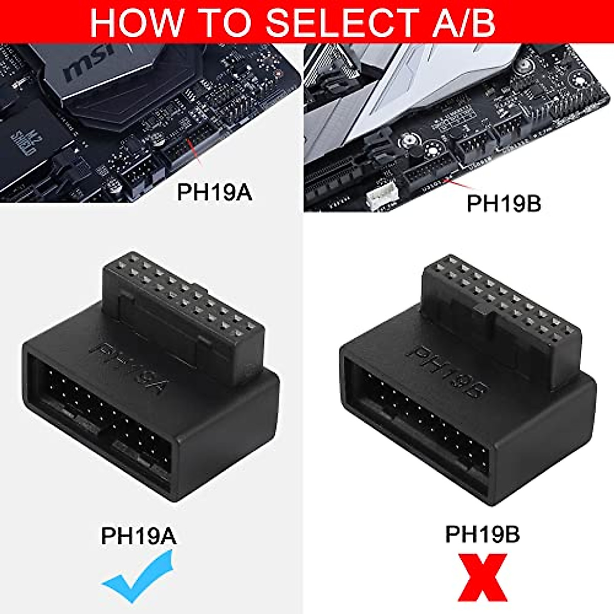 QIANRENON USB 3.0 19/20 Pin 90 Degree Adapter Male to Female L Turn Right Angle Socket for Desktop Motherboard Internal Connector Up Angled(PH19A)