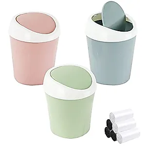 SITAKE 3 Pcs Plastic Mini Wastebasket Trash Can with 180 Trash Bags, Tiny Desktop Waste Garbage Bin with Swing Lid for Home, Office, Kitchen, Vanity Tabletop, Bedroom, Bathroom (Blue + Green + Pink)