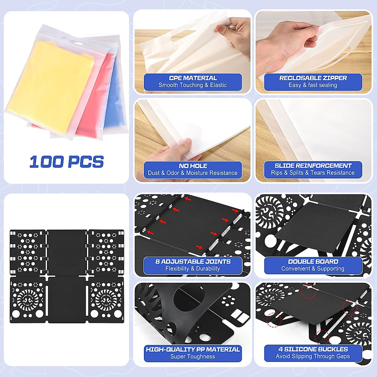 BoxLegend Shirt Folder Board V3 with Shirt Bags Zipper 11x14 inch Pack of 100 Shirt Packaging Frosted Shipping Bags with Handle