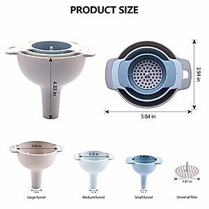 NileHome Funnels for Kitchen Use Removable Kitchen Funnels Set of 3 Food Grade PP Plastic Funnels Wide Mouth Oil Funnels with Strainer Filter for Filling Bottles, Liquid, Powder, Solid Particles