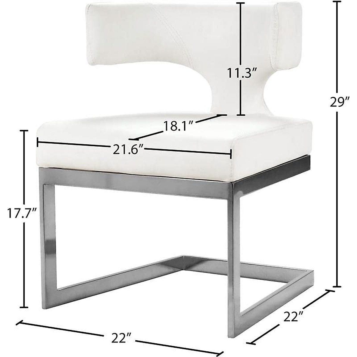 Meridian Furniture Alexandra Collection Modern | Contemporary Upholstered Dining Chair with Durable Metal Base, 22" W x 22" D x 29" H, White Faux Leather, Chrome