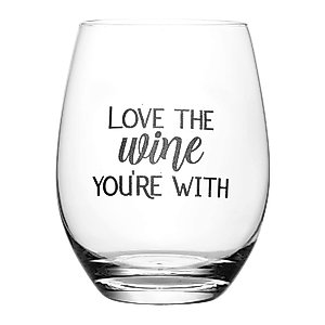 Lushy Wino – Love The Wine You're With – Cute, Novelty, Etched Stemless 16-Ounce Wine Glass with Funny Sayings in Gift Box