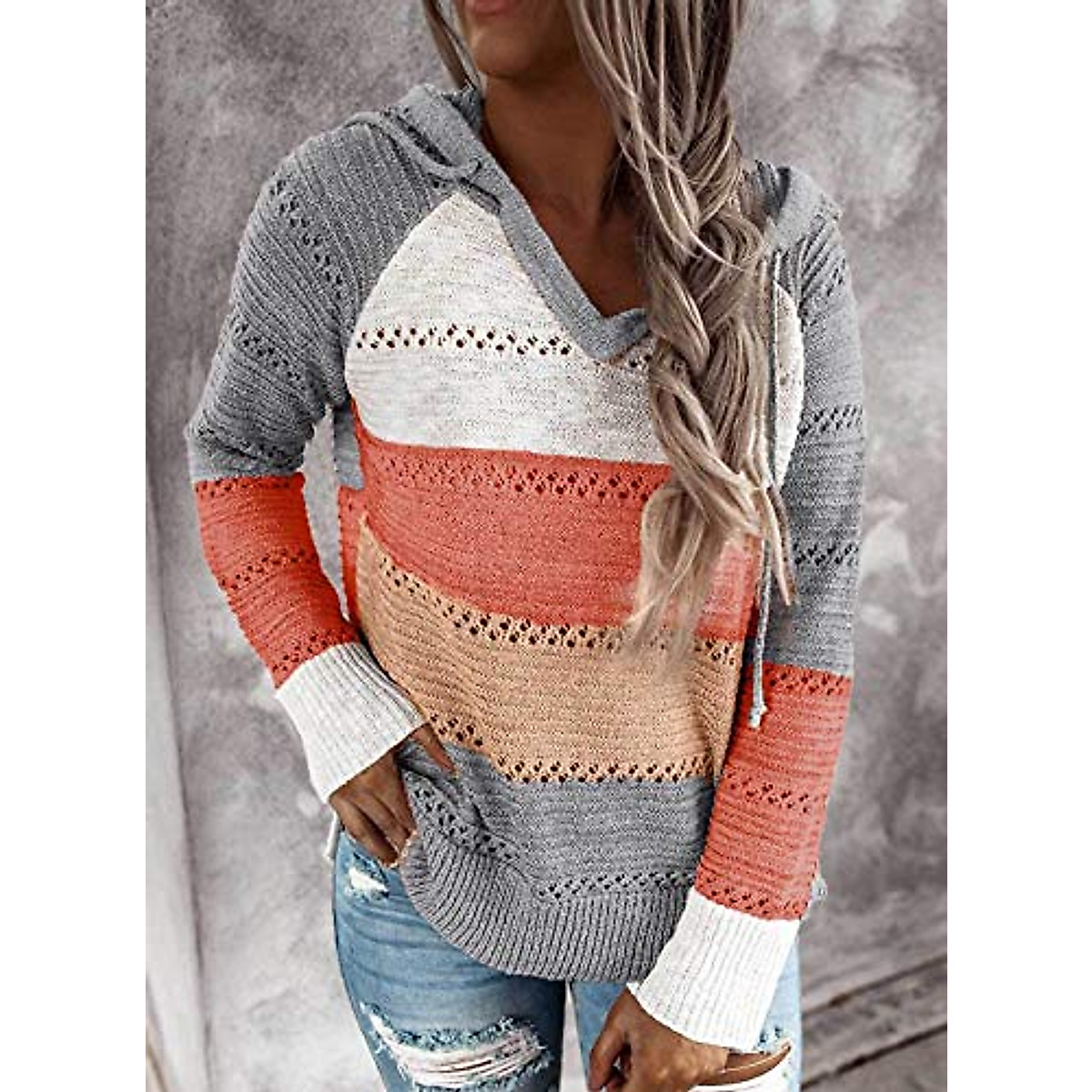BLENCOT Women's Fall Hoodies Color Block Pullover Sweaters Warm Casual Loose Knitted Hooded Sweatshirts Tops Clothing Gray XL
