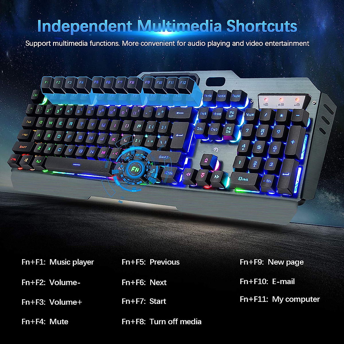 Wireless Gaming Keyboard and Mouse, Rechargeable, Rainbow Backlit with 3800mAh Battery Metal Panel,Mechanical Feel Keyboard and 7 Color Mute Mouse for Windows Computer Gamers