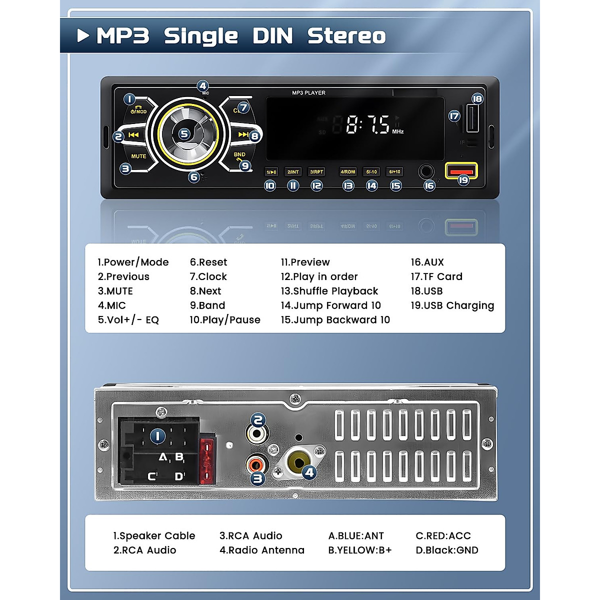 Single Din Car Stereo - Multimedia Bluetooth Audio and Hands-Free Calling, Built-in Mic, MP3 Player, No CD/DVD Player, USB Playback & Charging, AUX/TF Input, FM Radio, Remote/App Control
