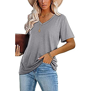 Lunivop Womens Tops V Neck Short Sleeve Tshirts Loose Solid Color Basic Tees for Summer Grey XL