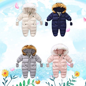 Pudcoco Toddler Baby Girls Boys Zipper Down Jumpsuits with Gloves, Winter Snowsuit Coat Romper Jumpsuit Outfits (D Pink Cotton Jacket + Gloves, 6-9M)