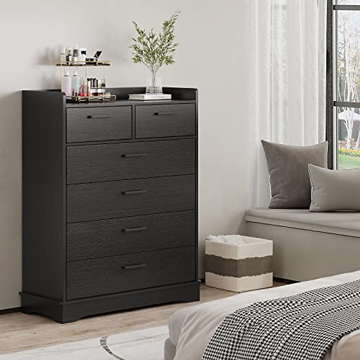 Hasuit Black 6 Drawer Dresser, Wooden Storage Chest of Drawers, Vertical Large Capacity Clothing Storage Organizer, Tall Dressers for Bedroom, Hallway, Entryway