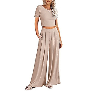 BTFBM Women Summer 2023 Two Piece Casual Outfits Lounge Set Ribbed Knit Bodycon Crop Top Long Pants Tracksuits Sweatsuit(Short Apricot, Small)