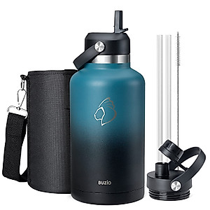 BUZIO 64oz Water Bottle Insulated, Half Gallon Stainless Steel Water Jug with Straw Lid and Carrying Pouch, Leak Proof Double Wall Thermo Water Flask Metal Canteen for Gym Sport Camping, Indigo Crush