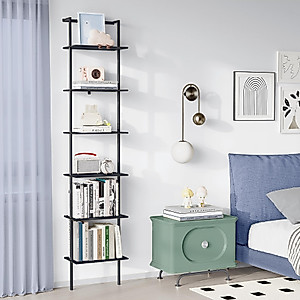 POBOMULI 6-Tier Ladder Shelf, 77 Inches Wall Mounted Ladder Bookshelf with Metal Frame, Wood Tall Open Storage Rack and Display Shelves for Home Office Bedroom Living Room, Black