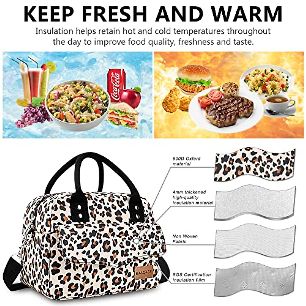 BALORAY Lunch Bag for Women Men, Insulated Lunch Box for Adults Kids, Reusable Women’s Lunch Cooler Tote Bag for Work Office School Picnic Beach (Leopard)