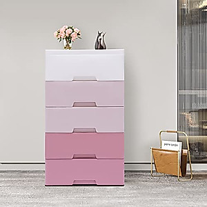 Gdrasuya10 Plastic Drawers Dresser, Storage Cabinet with 5 Drawers, Organizer Unit Stable Cart on Wheels Waterproof Plastic Cabinet with Drawers for Bedroom Apartment, Gradient Pink